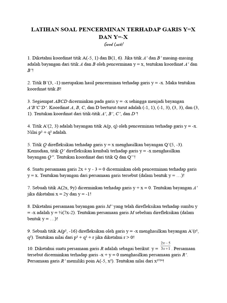 Kel 4 XI-1 LATIHAN SOAL PENCERMINAN TERHADAP GARIS Y X DAN Y - X | PDF