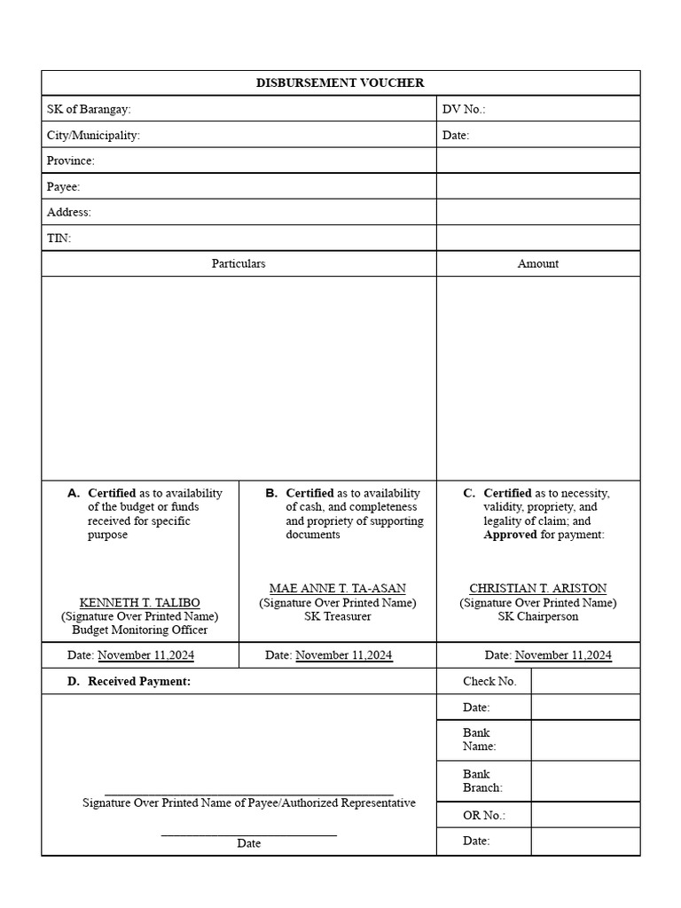 Disbursement Voucher Template for SK | PDF
