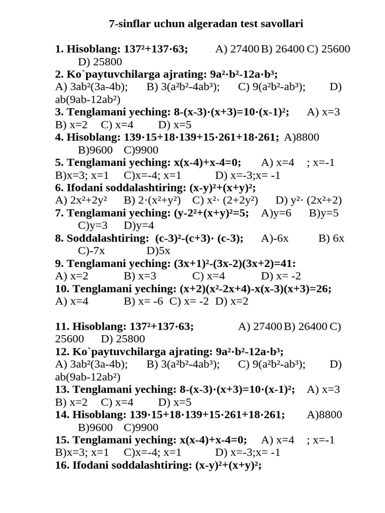 7-Sinf Algebradan Test Savollari | PDF