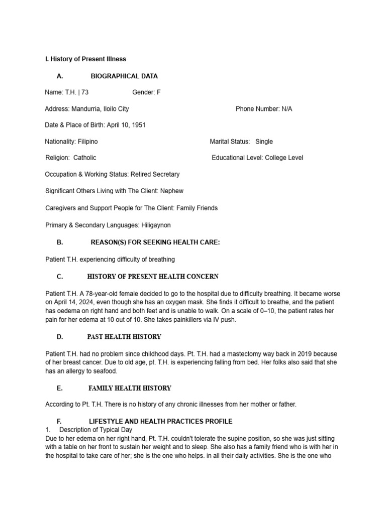 NURSING HISTORY EXAMPLE | PDF | Edema | Thorax