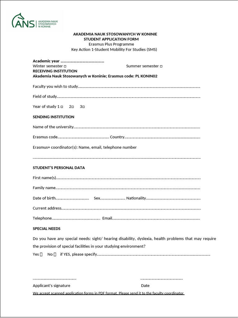 Erasmus+ Student Application Form | PDF