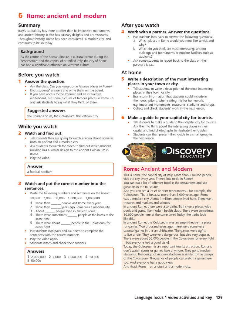 Unit 6 - Teacher's Book Language Focus 1 Video Activities | PDF | Rome