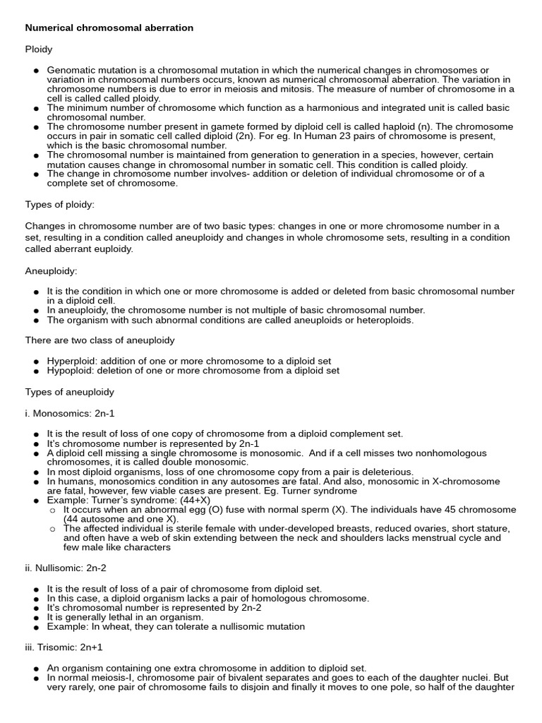 Numerical Chromosomal Aberrations Docx Pdf Ploidy Chromosome