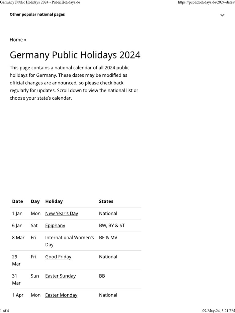 Germany Public Holidays 2024 - PublicHolidays | PDF