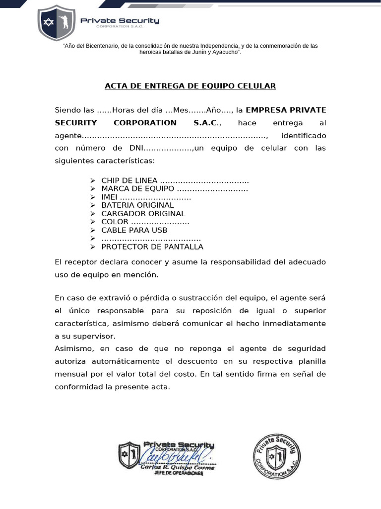 Acta de Entrega de Celular Corporativo | PDF