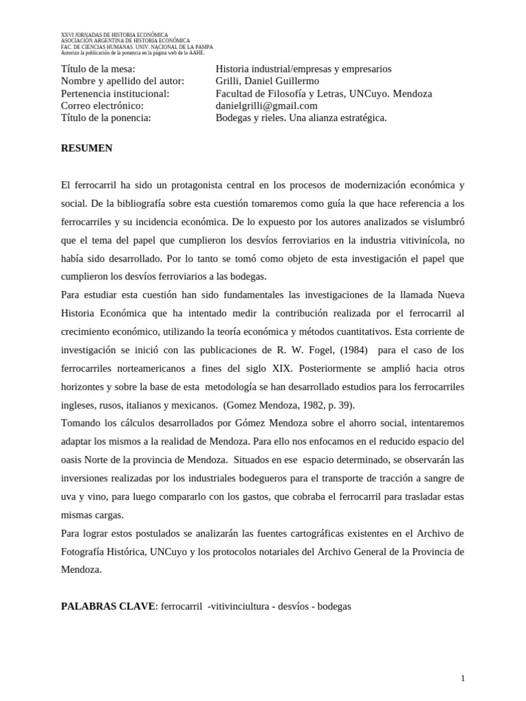 XXVI Jornada de Historia Económica. Ponencia Mesa 9. Grilli Daniel ...