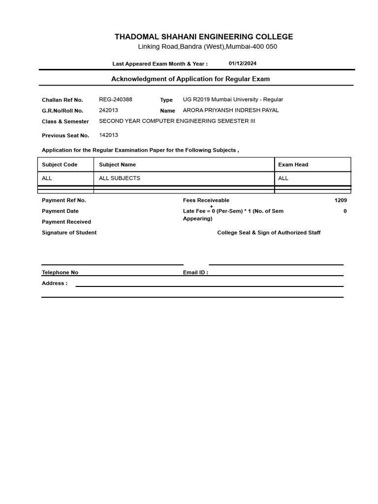 Regular Exam Application Acknowledgment | PDF