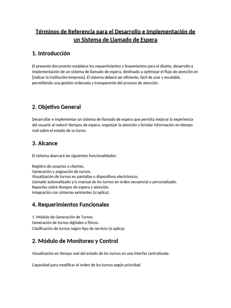 Términos de Referencia para el Desarrollo e Implementación de un Sistema de Llamado de Espera ...