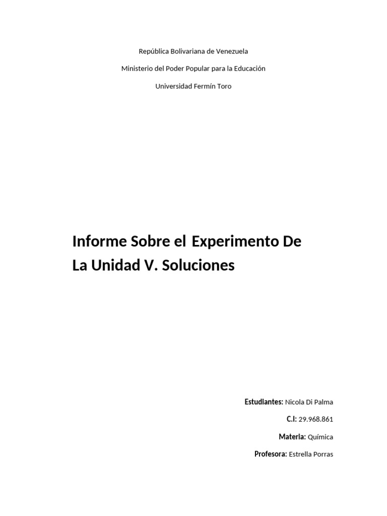 Informe Experimento Unidad V Soluciones | PDF | Mezcla | Concentración