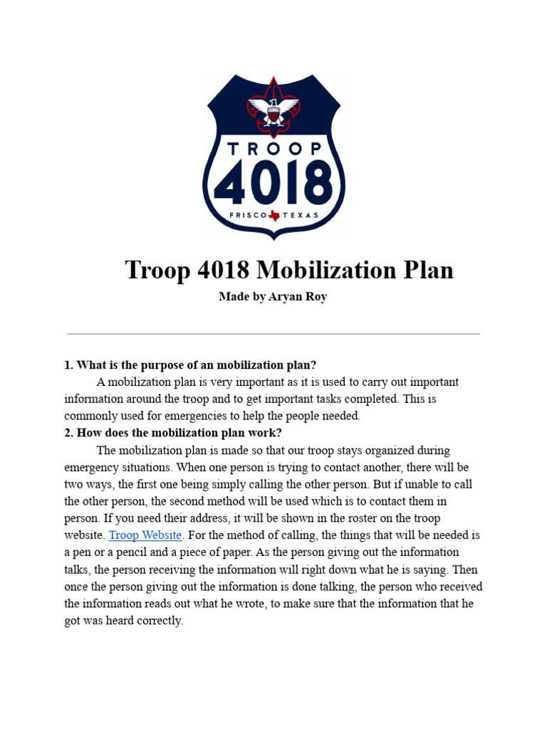 Troop 4018 Mobilization Plan | PDF