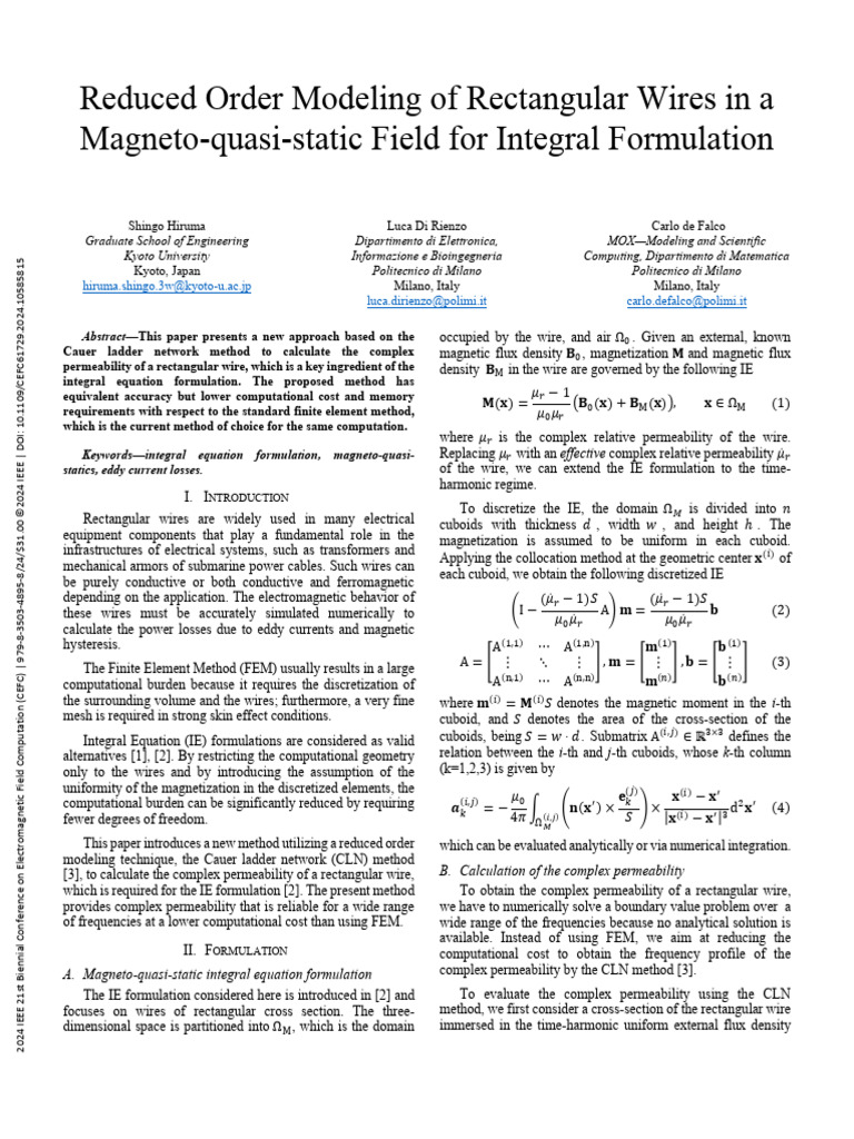 Reduced Order Modeling of Rectangular Wires in A Magneto-Quasi-Static Field For Integral ...