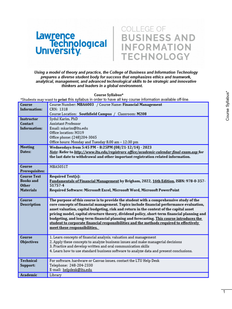 Syllabus Fall 2023 Financial Management | PDF