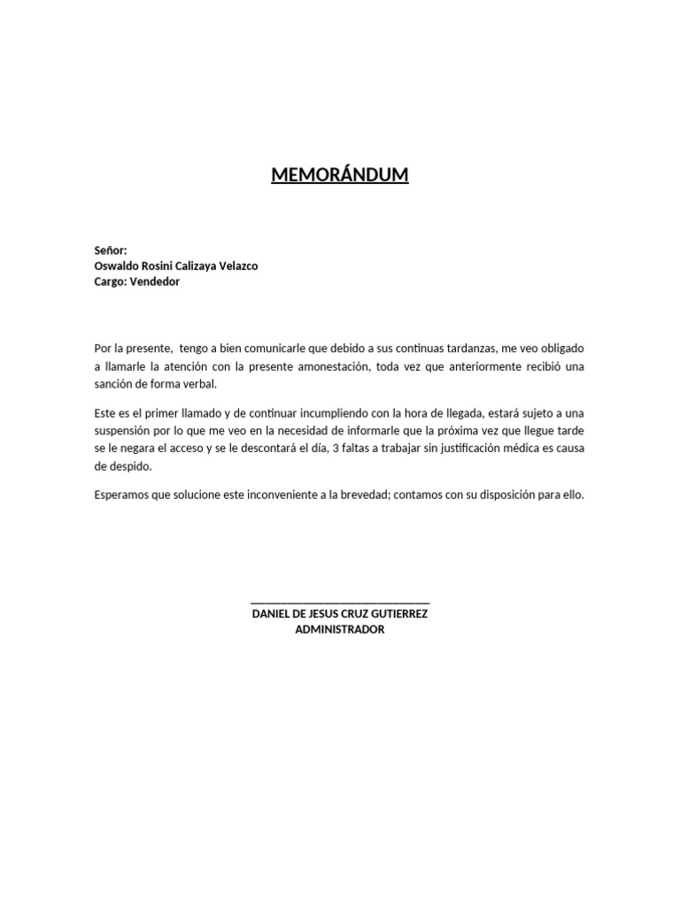 Modelo de Memorandum Por Tardanza | PDF