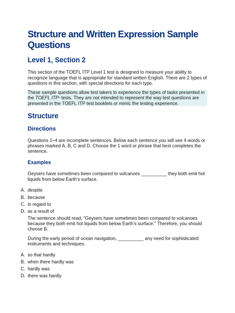 Structure and Written Expression Sample Questions-STEP 1 | PDF | Test ...