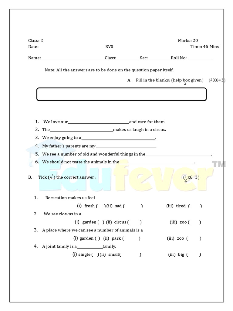 CBSE Class 2 EVS Sample Paper Set A - 0 | PDF