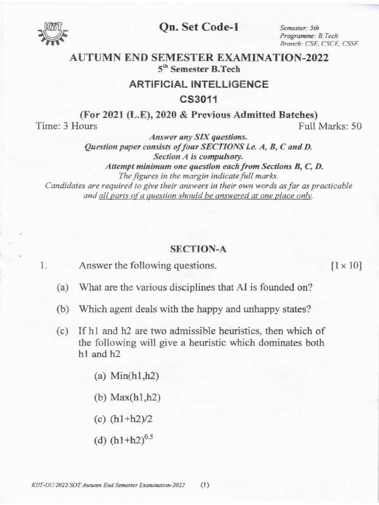 Artificial Intelligence (CS 3011) PYQ | PDF