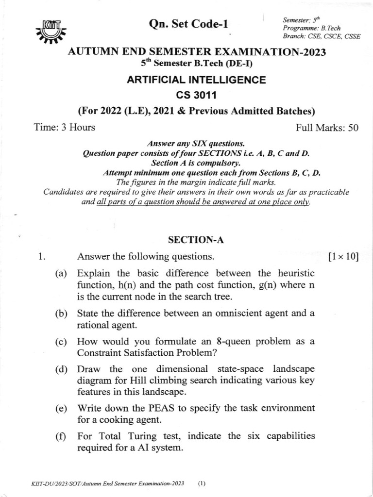 Artificial Intelligence (CS 3011) Check END-SEM PYQ | PDF | Logic | Applied Mathematics