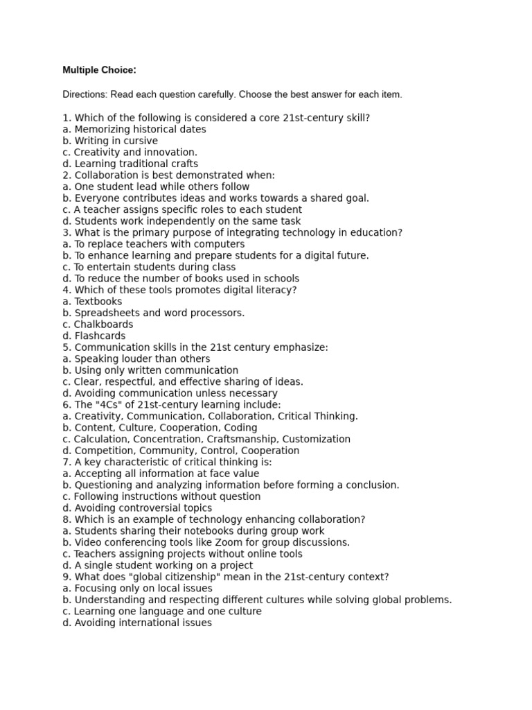 Multiple Choice 21st Century Quiz | PDF | Learning | Human Communication