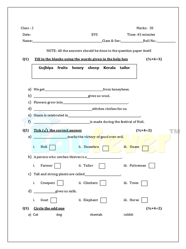 CBSE Class 2 EVS Sample Paper Set B_0 | PDF