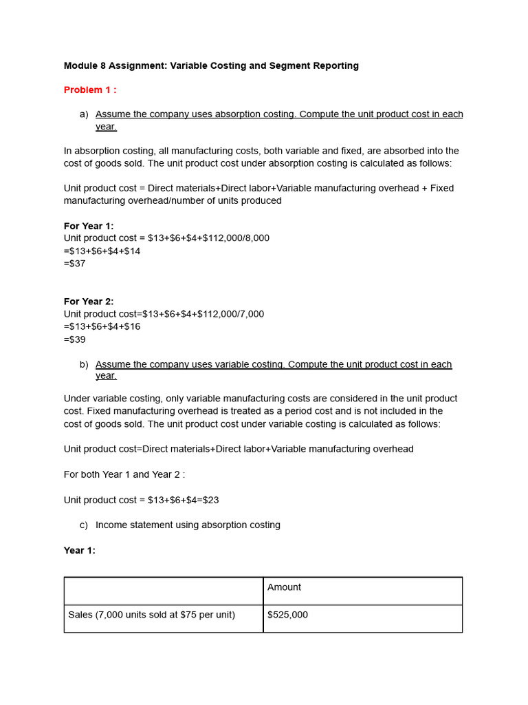 Module 8 Assignment_ Variable Costing and Segment Reporting | PDF | Cost Of Goods Sold | Gross ...