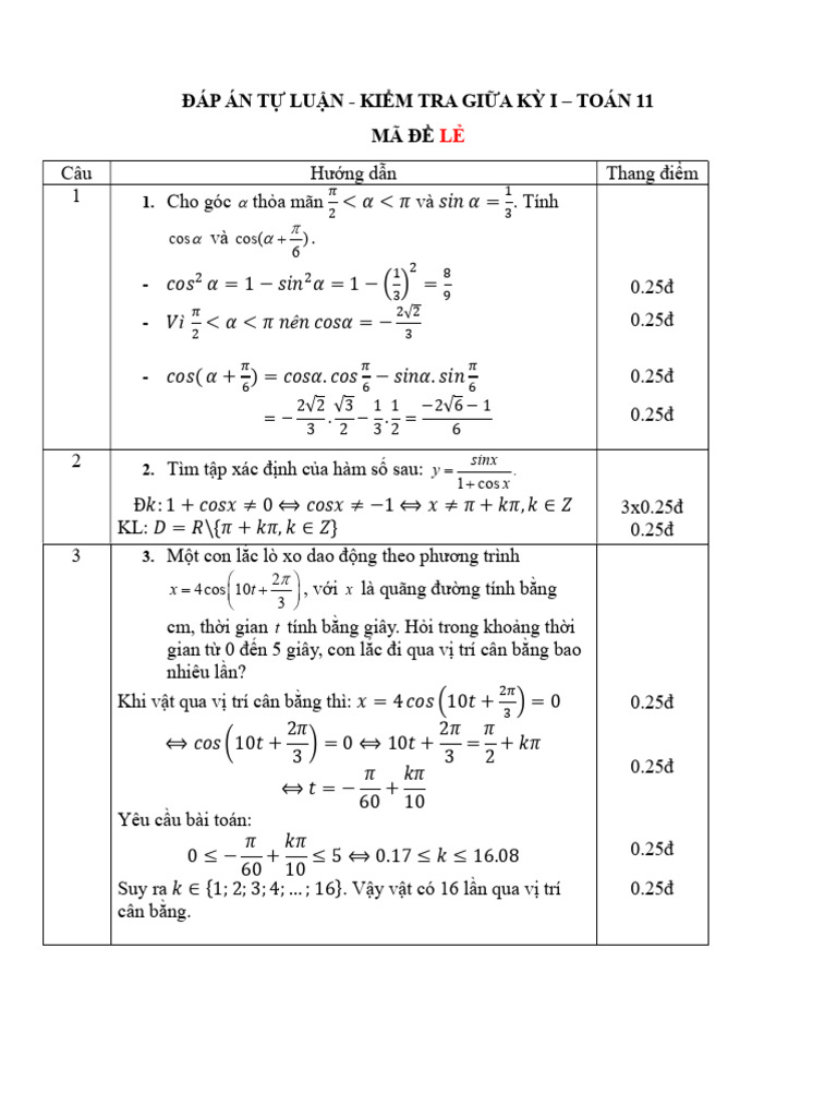 Đáp Án Gki Toán 11 2024-2025 | PDF
