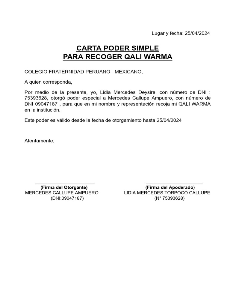 Carta Poder Simple para Recoger Titulo Profesional - Docx 1 | PDF