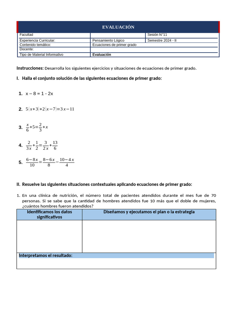 EVALUACION PL Ecuaciones 1er Gdo - S11 | PDF | Matemáticas