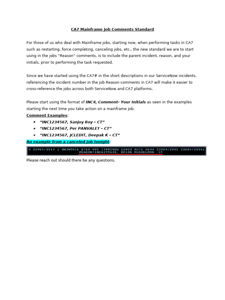 CA7 Mainframe Job Comments Standard | PDF