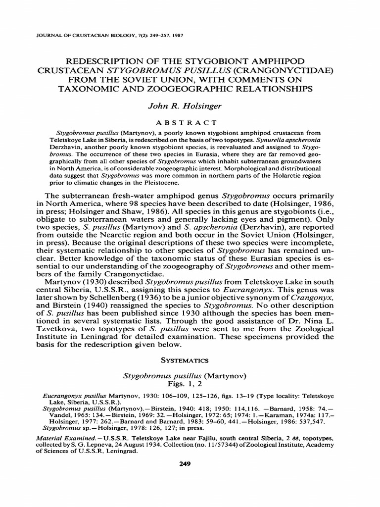 Redescription of The Stygobiont Amphipod Crustacean Stygobromus 1987 ...