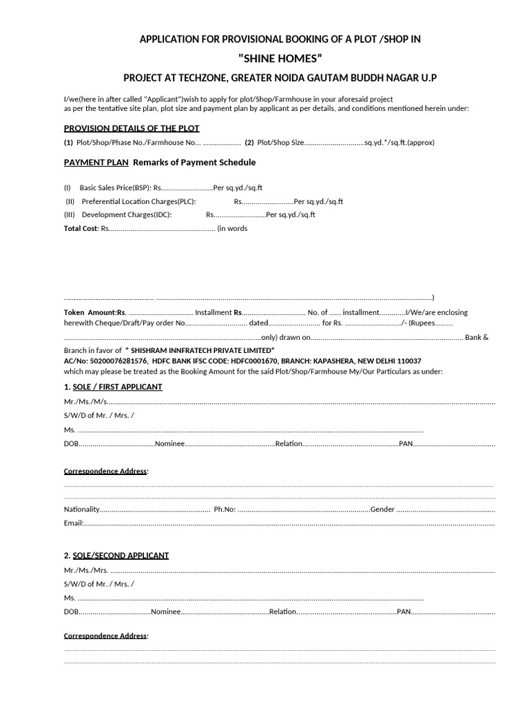 Shine Homes Plot Booking Application | PDF | Payments | Private Law