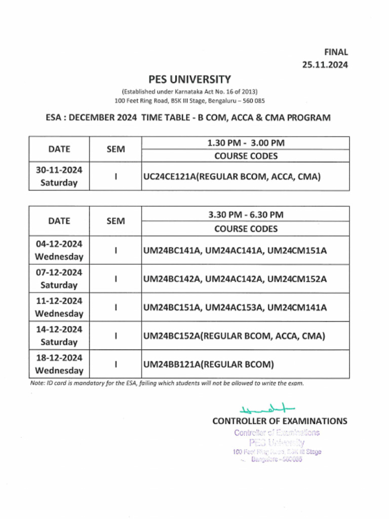 B Com 1st Sem Final Time Table Dec 24 20241125132653 | PDF
