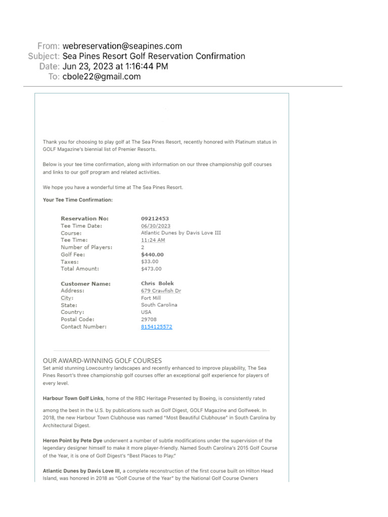 Sea Pines Resort Golf Reservation Confirmation | PDF | Ball Games ...