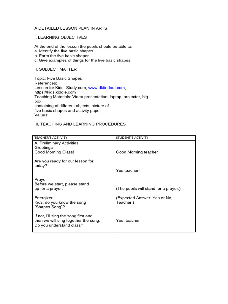 A DETAILED LESSON PLAN IN ARTS I. | PDF | Rectangle | Shape