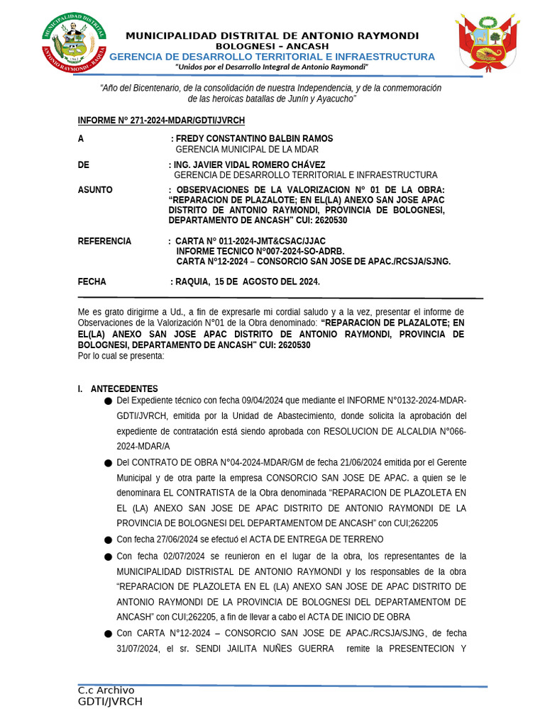 Informe - Gdti - # - 271-2024-Observaciones Plazuela Apac | PDF