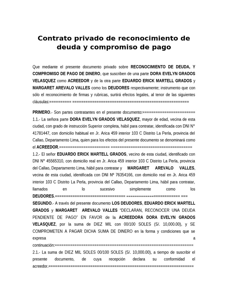 Contrato Privado de Reconocimiento de Deuda y Compromiso de Pago | PDF | Pagos
