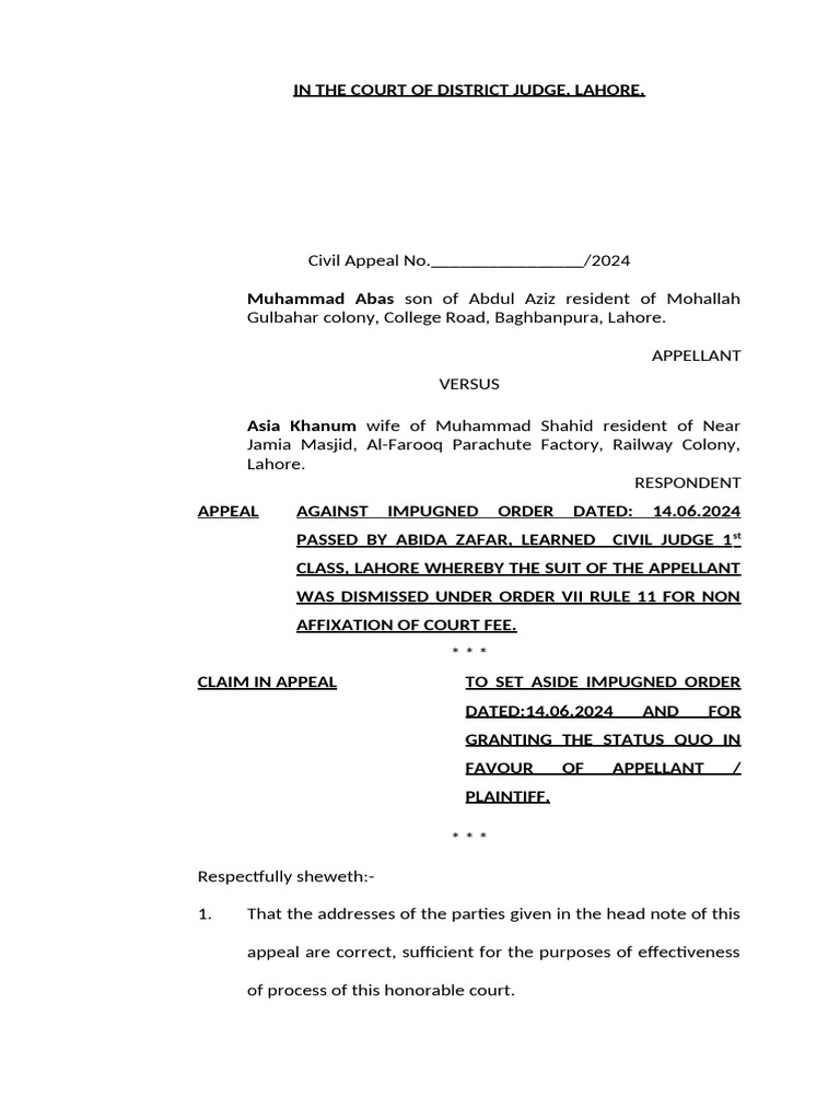 Civil Appeal Muhammad Abas | PDF | Lawsuit | Judgment (Law)