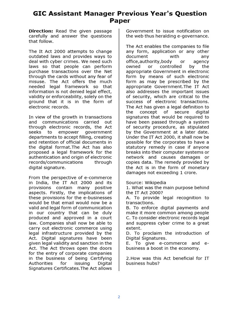 GIC Assistant Manager Previous Year Question Paper | PDF | Sentence ...