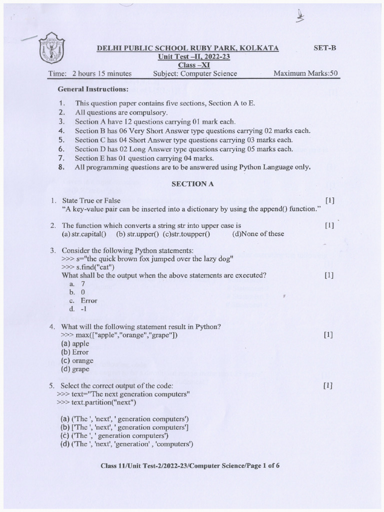CL XI Unit Test2-Computer Science 2022-23 | PDF