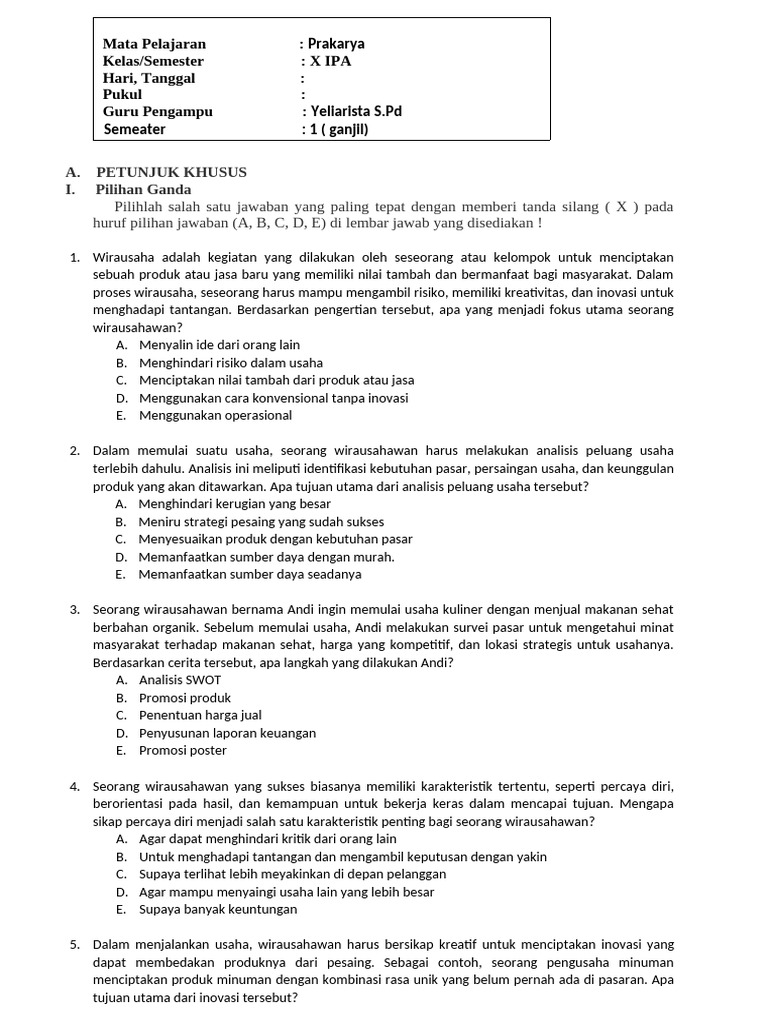 Soal Mapel Prakarya Tgk. Yeli | PDF