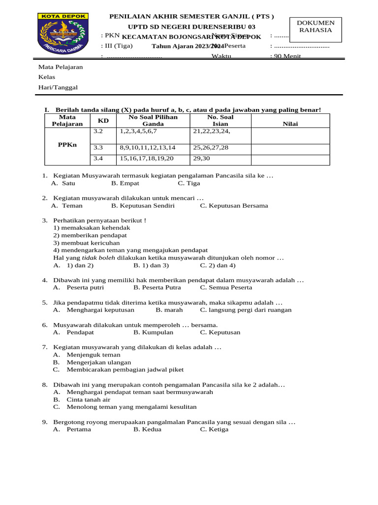 Soal Pas Kelas 3 PKN | PDF