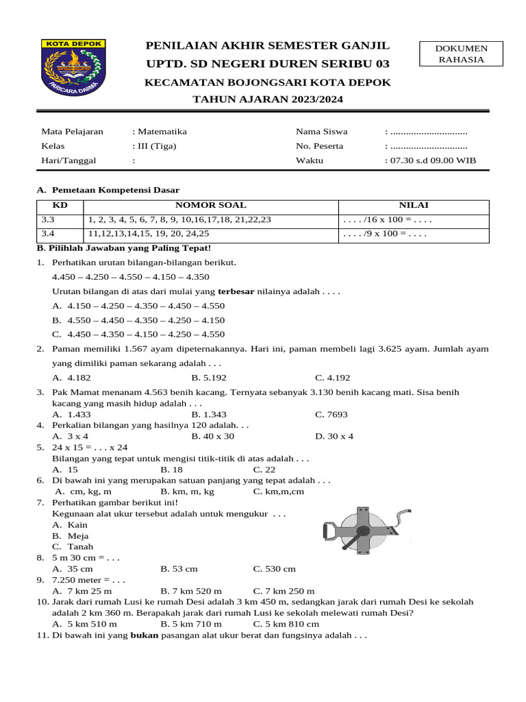 Soal Pas Ganjil MTK Kelas 3 | PDF