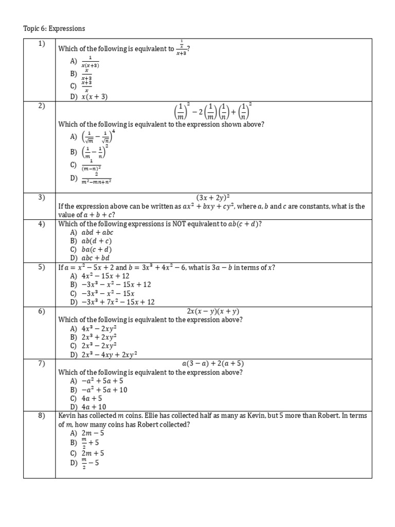 Topic 6 Expressions College Panda Practice Paper Questions | PDF ...