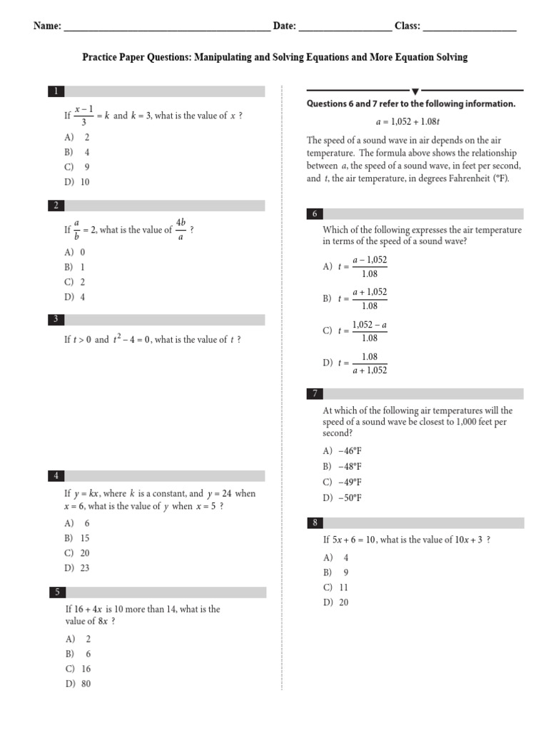 Manipulating and Solving Equations and More Equation Solving Practice ...