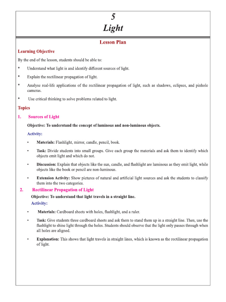 Phy 6 Lesson Plan, Light | PDF