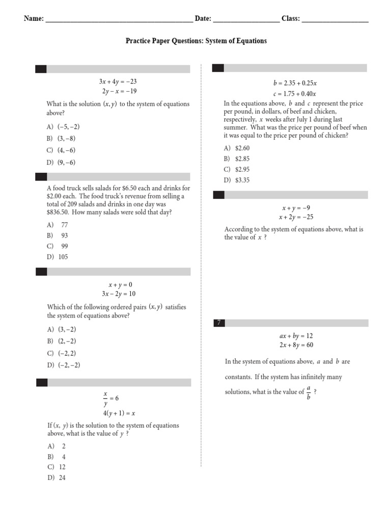 System of Equations Practice Paper Questions | PDF | Equations ...