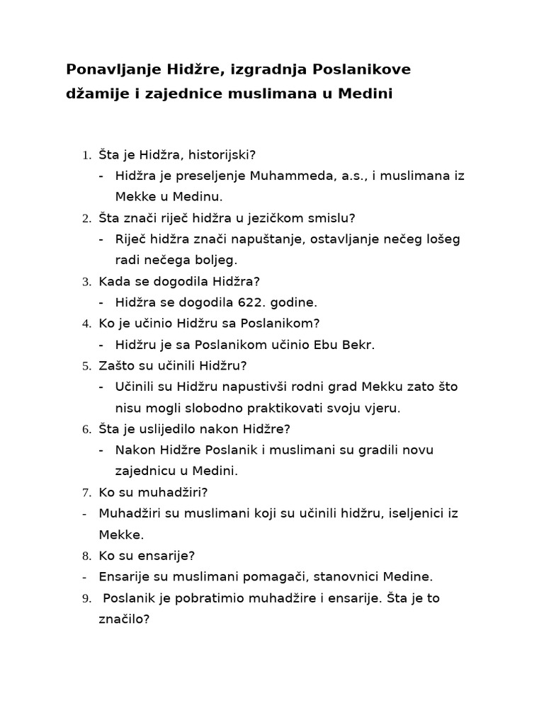 Pitanja Za Ponavljanje o Hidžri I Medisnkoj Zajednici, Šesti Razred | PDF