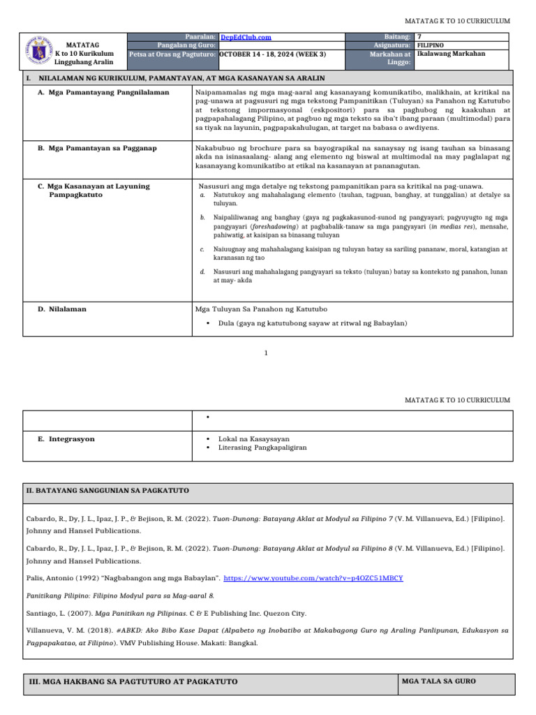 DLL Matatag - Filipino 7 Q2 W3 | PDF