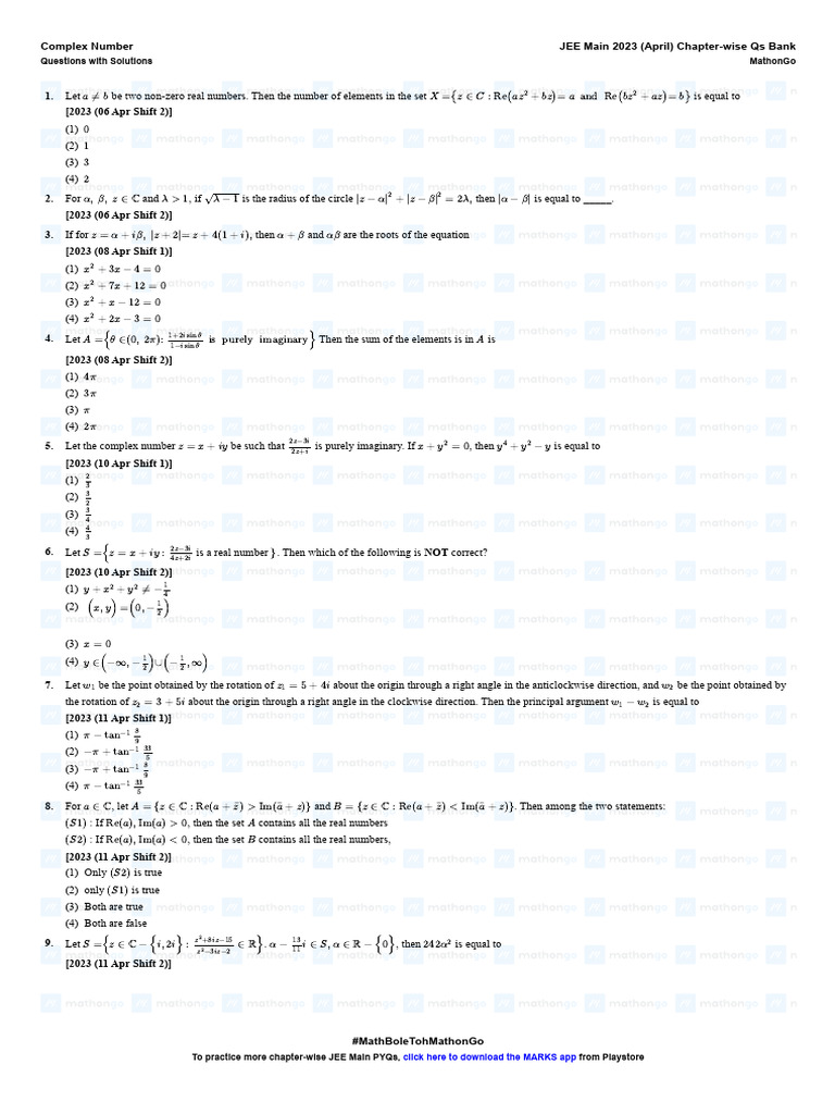 Complex Number - JEE Main 2023 April Chapterwise PYQ | PDF | Complex Number | Geometry