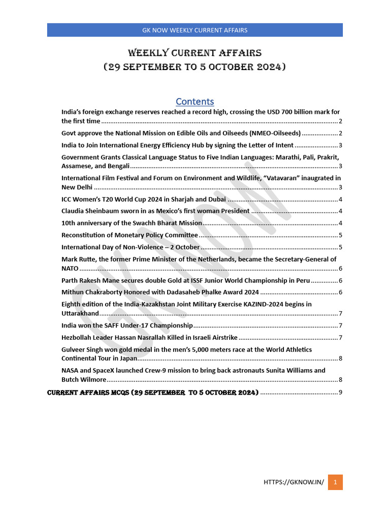 Weekly 29 Sep To 5 Oct Current Affairs (English) | PDF | United States ...