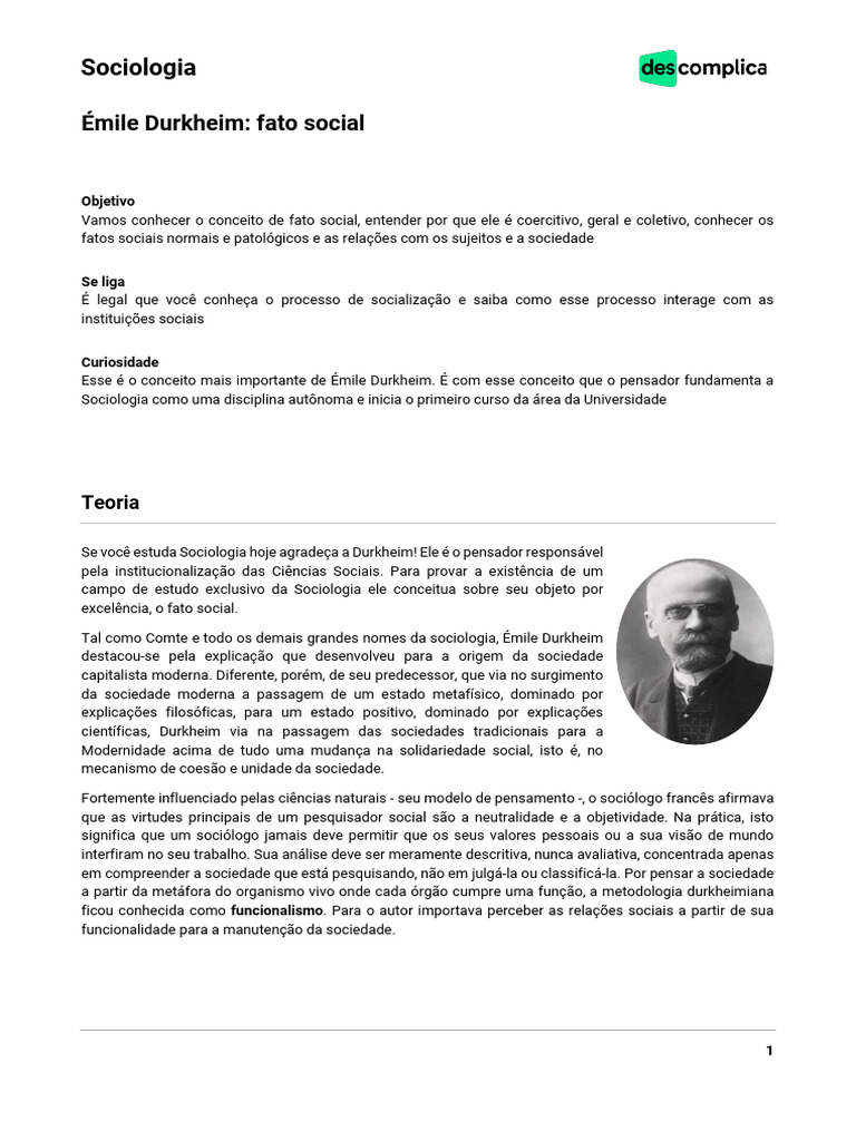 Sociologia-Émile Durkheim - Fato Social | PDF | Émile Durkheim | Sociologia